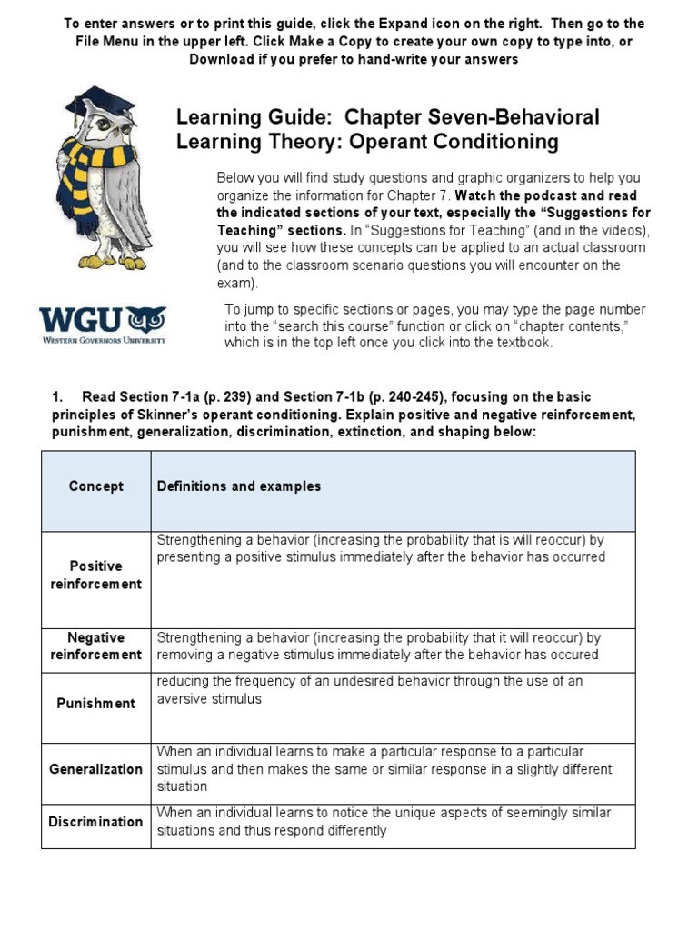 Learning Guide: Chapter Seven-Behavioral Learning Theory: Operant ...