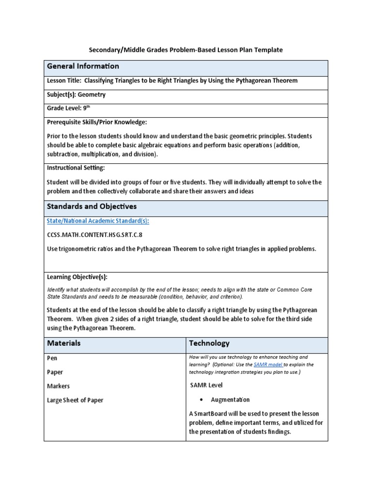 Secondary Middle Grades Problem-Based Lesson Plan | PDF | Cognition ...