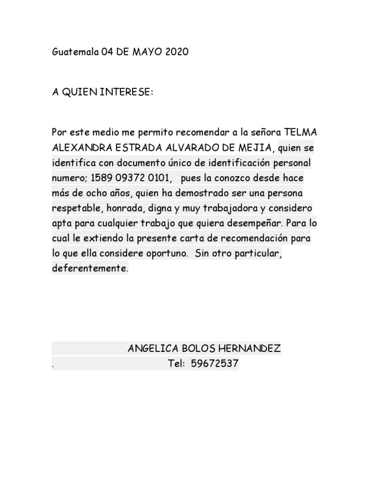Carta de Recomendacion Telma Estrada 2020 | PDF