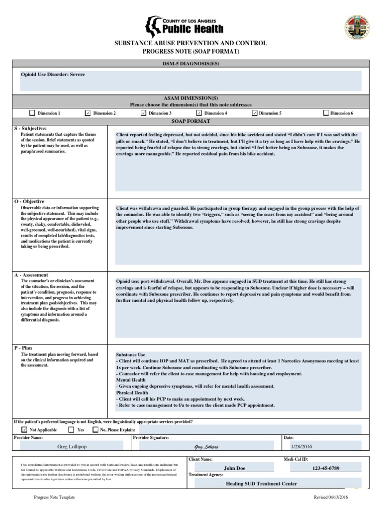 Substance Abuse Prevention and Control: Progress Note (Soap Format ...