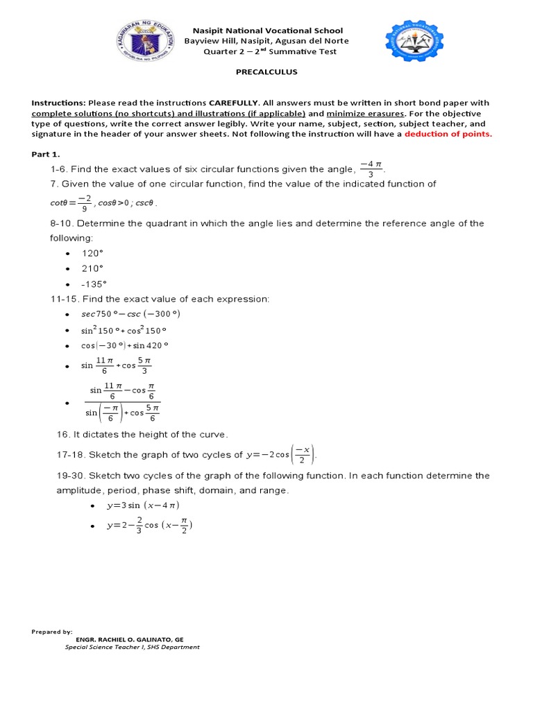 Summative 2nd Quarter 2 Precalculus | PDF | Function (Mathematics) | Trigonometric Functions