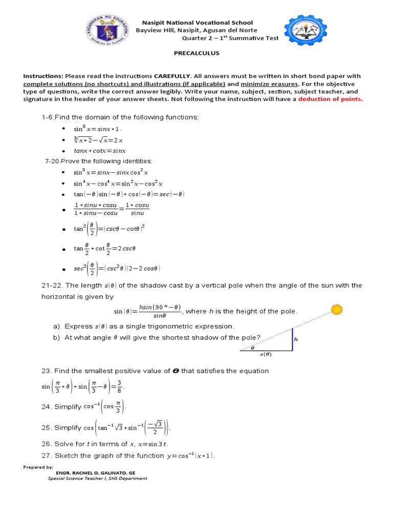 Precalculus 1st Summative Test Guide | PDF | Trigonometric Functions | Sine