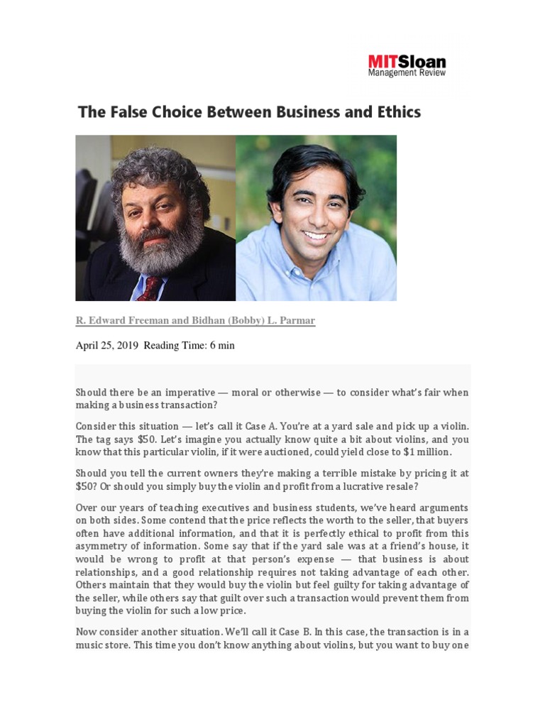 Freeman - The False Choice Between Business and Ethics | PDF ...