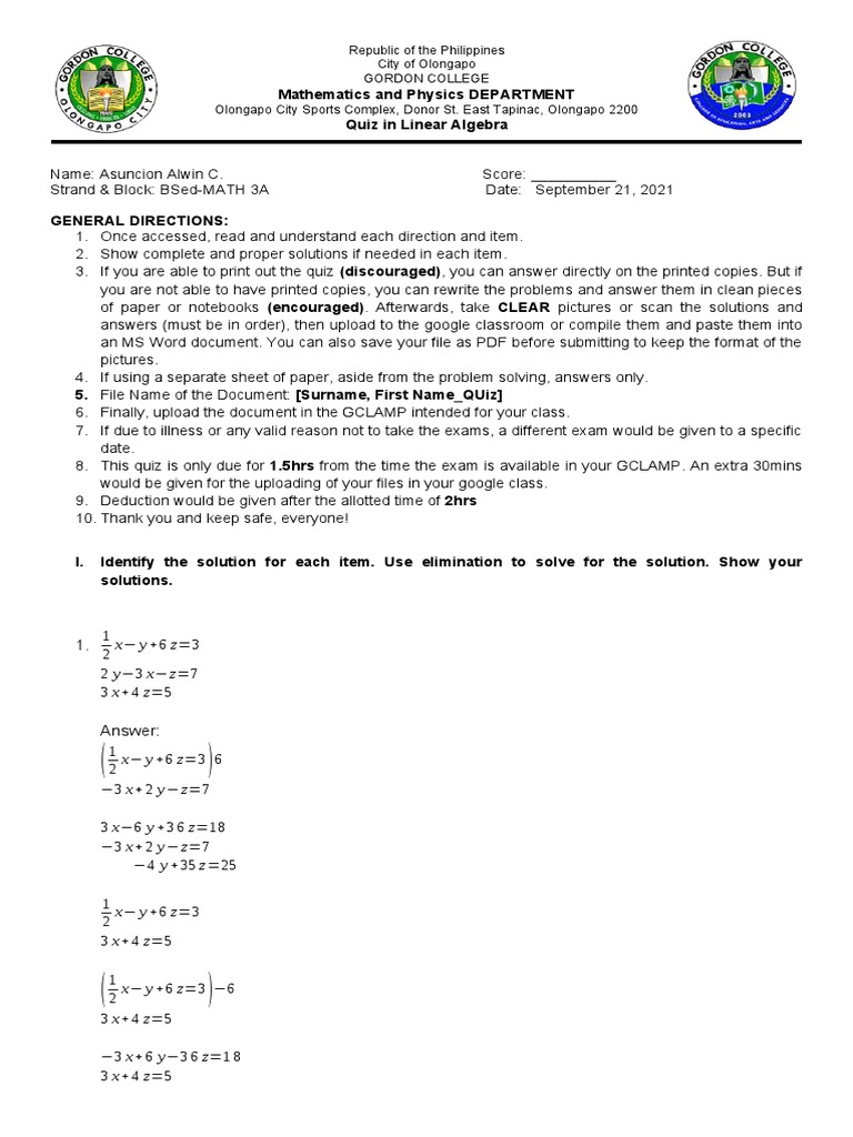Asuncion Alwin C.Linear Mathematics Quiz | PDF