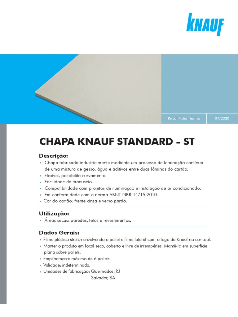 Ficha Técnica Knauf Drywall Standard ST | PDF | Transferência de calor | Quantidade