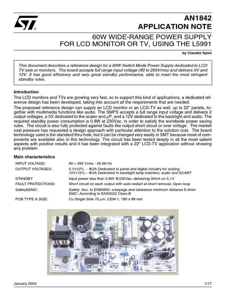 60W Wide-Range Power Supply For LCD Monitor or TV, Using The L5991 | PDF | Rectifier | Power Supply