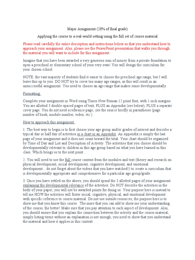 Major Assignment (20% of Final Grade) Applying The Course To A Real ...