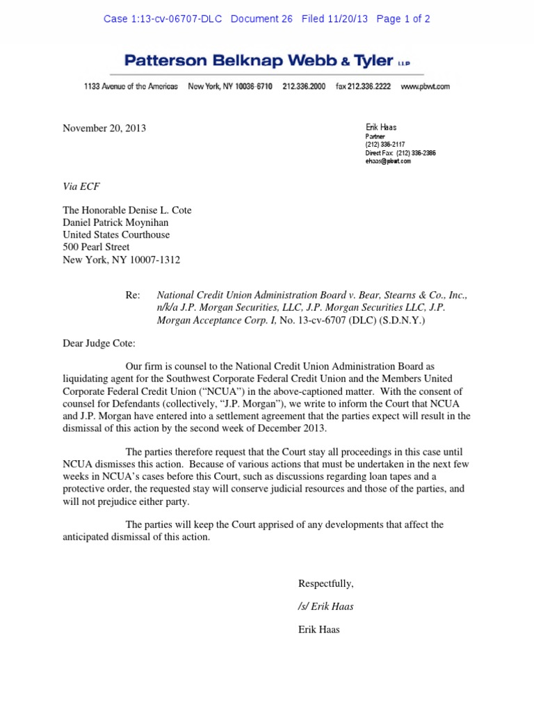 NCUA V Bear Sterns & Co Aka JPMorgan, Doc 26, Letter To Judge Cote | PDF