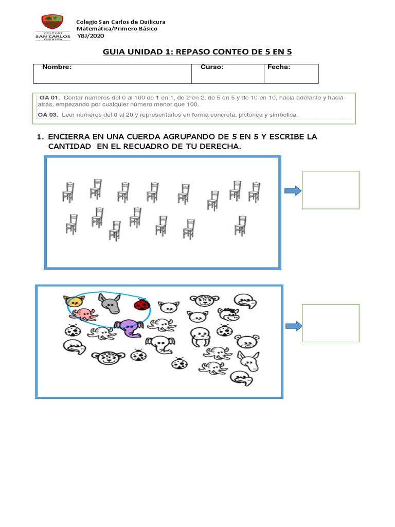 Guia Unidad 1: Repaso Conteo de 5 en 5 | PDF