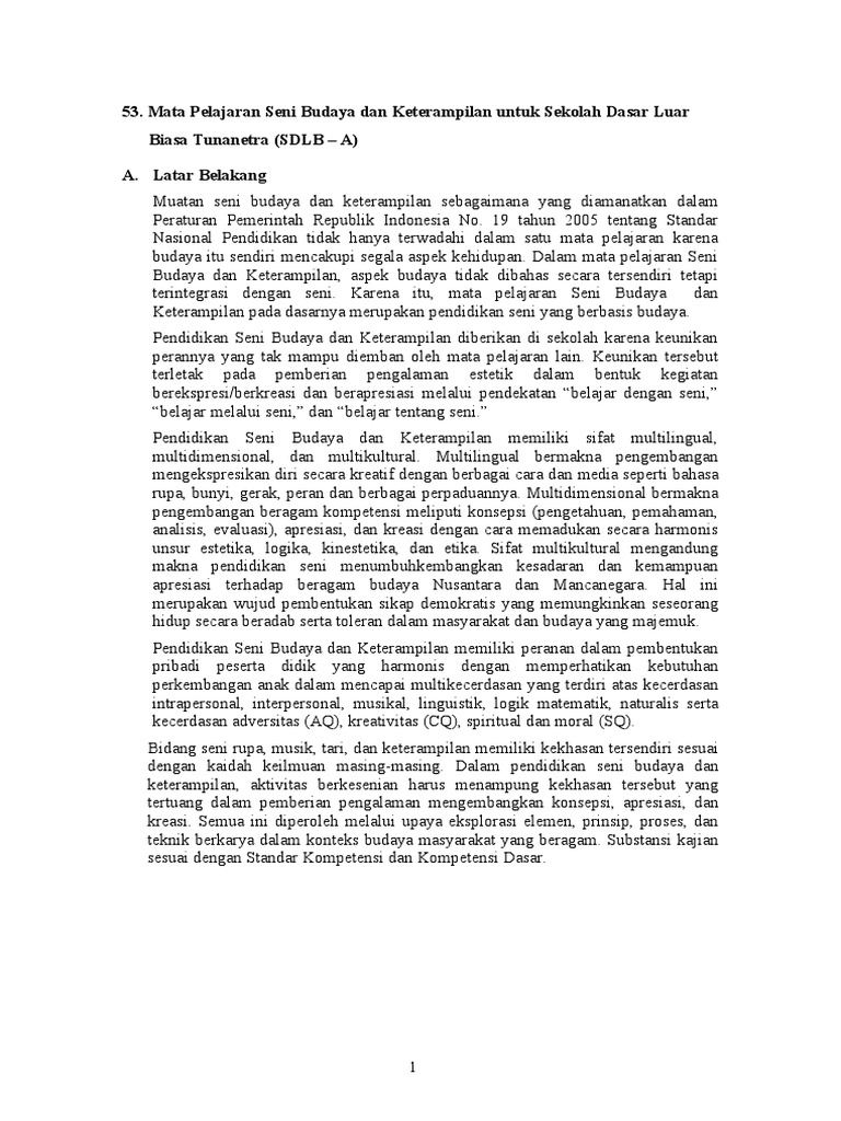 Mata Pelajaran Seni Budaya Dan Keterampilan Untuk Sekolah Dasar Luar Biasa Tunanetra (SDLB A ...