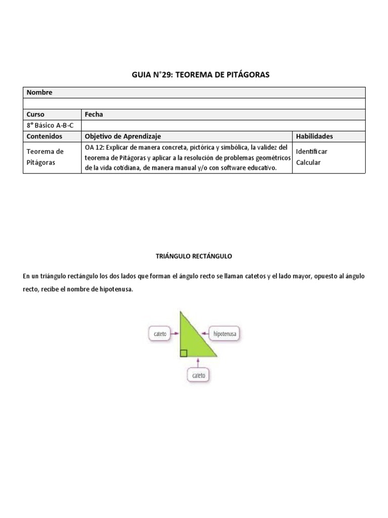 Ejercicios del Teorema de Pitágoras 8° Básico | PDF | Triángulo ...