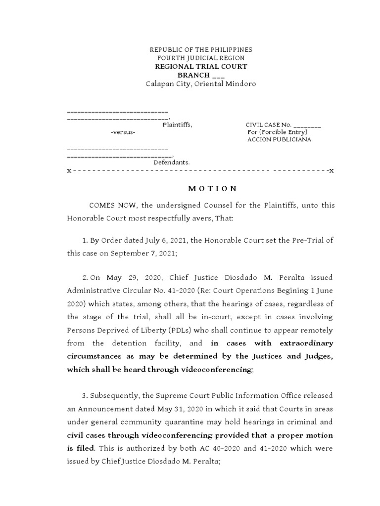 Motion: Republic of The Philippines Fourth Judicial Region | PDF | Trials | Lawsuit