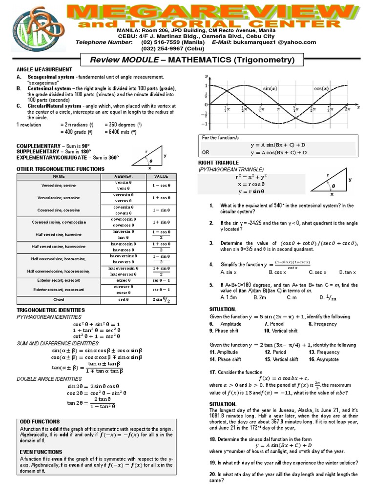 Review Module 3 Trigonometry Part 1 | PDF | Trigonometric Functions | Sine