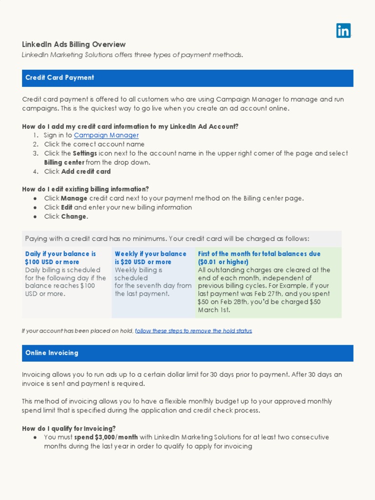 Linkedin Ads Billing Overview: Credit Card Payment | PDF | Credit Card ...
