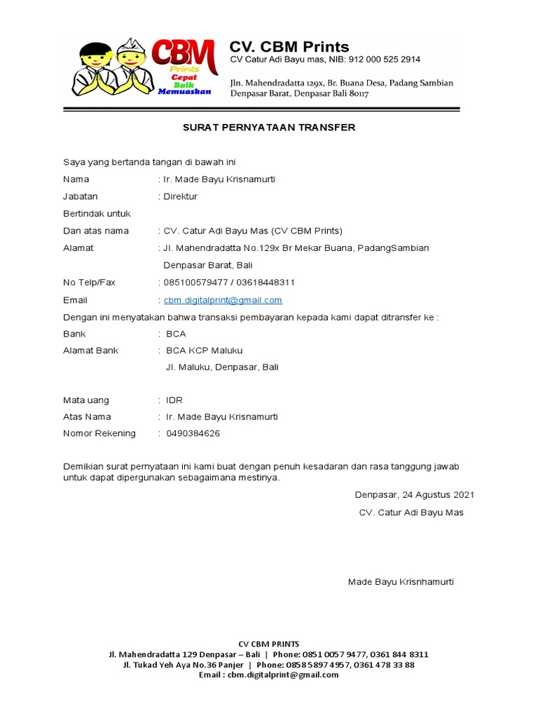 Surat Pernyataan Transfer 1 | PDF