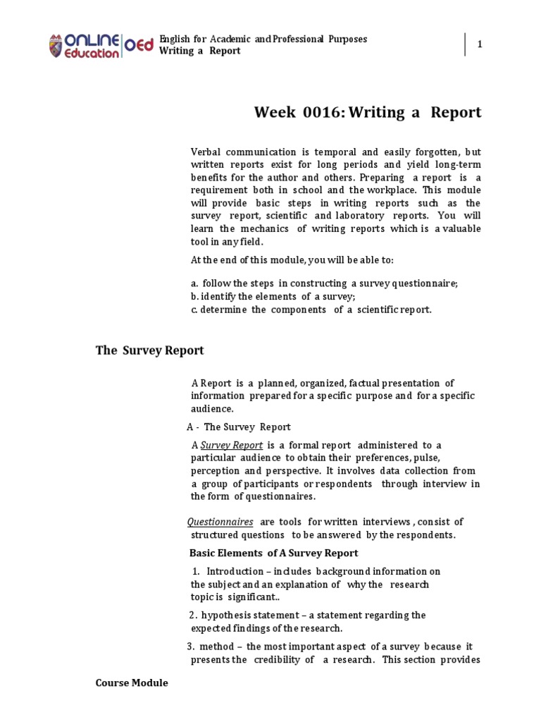 Week 016-Module Writing A Report | PDF | Survey Methodology | Questionnaire
