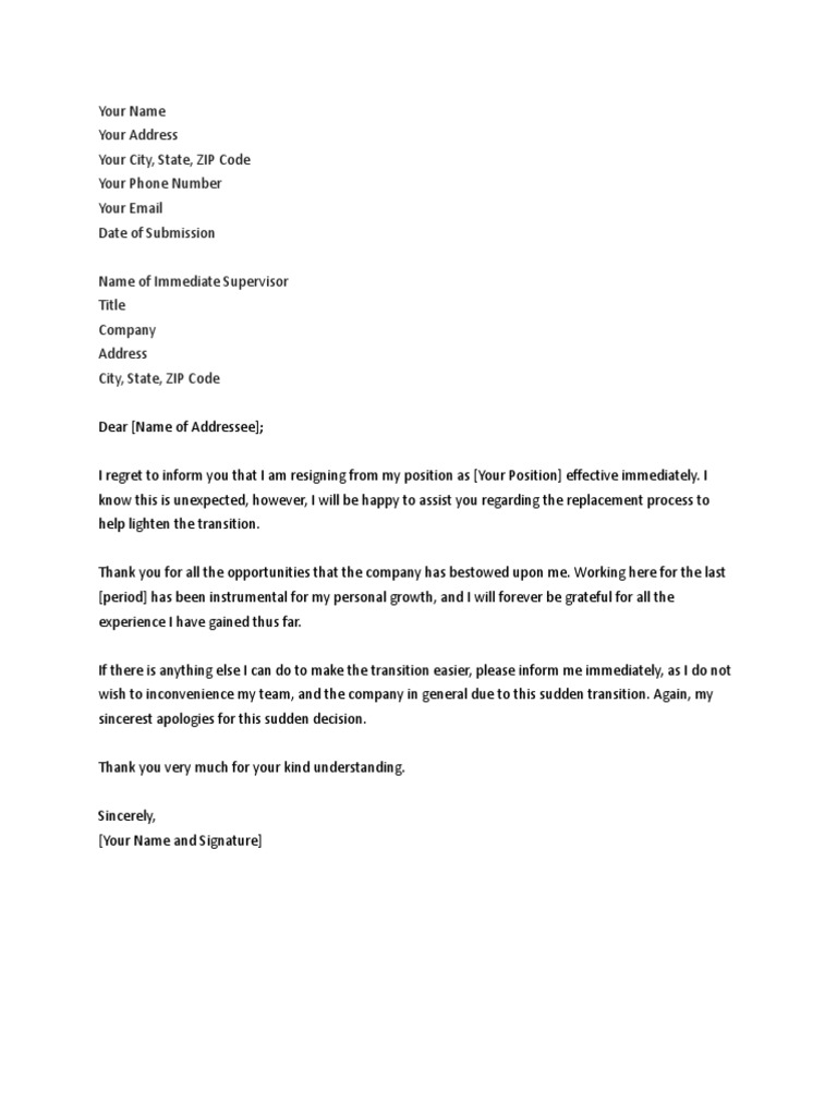 Immediate Resignation Letter | PDF