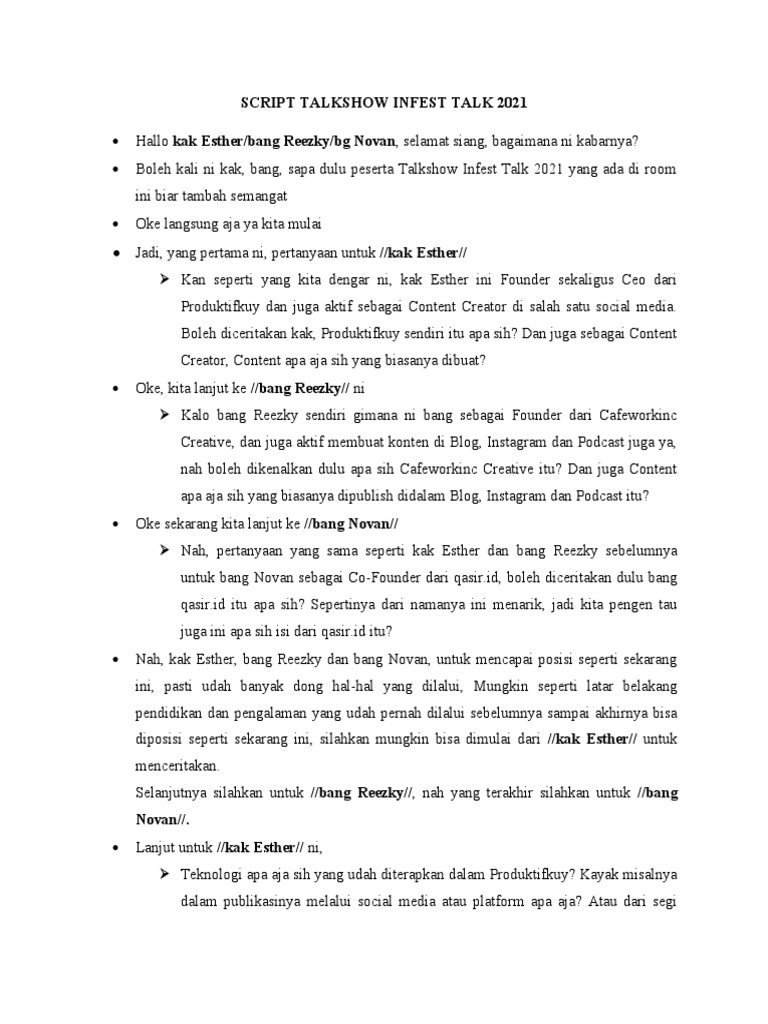 SCRIPT MODERATOR TALKSHOW INFEST TALK 2021 (Esther Natalia) | PDF
