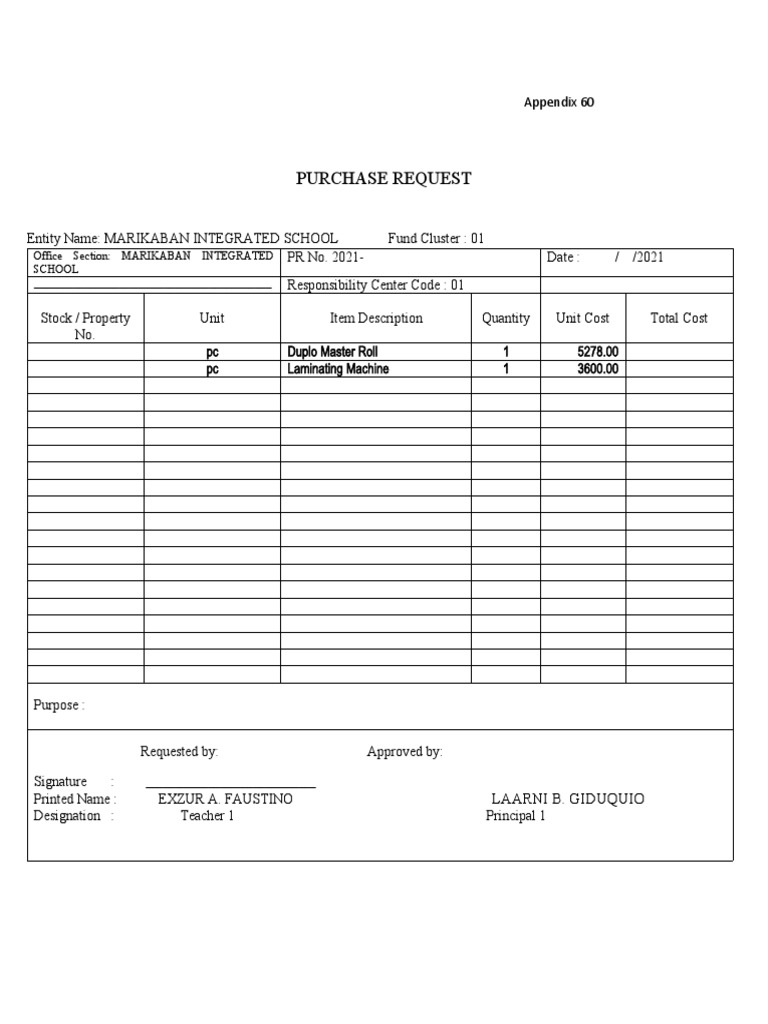 Purchase Request: Office Section: Marikaban Integrated School | PDF