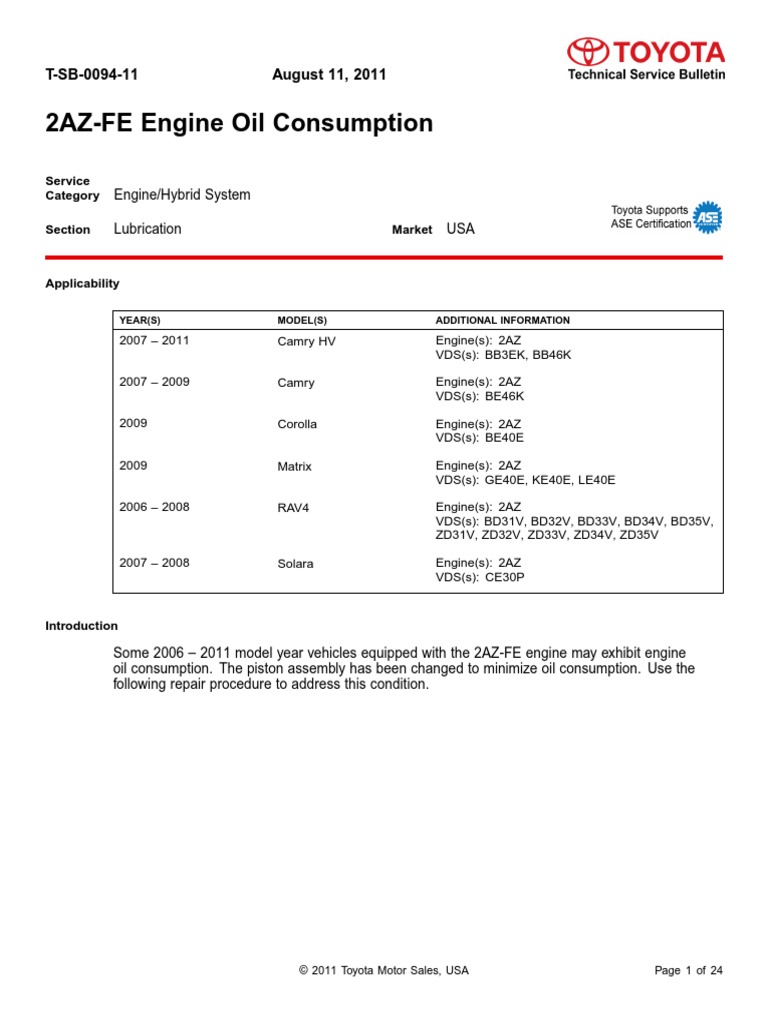 Engine Oil Consumption Toyota 2az Fe Pdf Hybrid Electric Vehicle