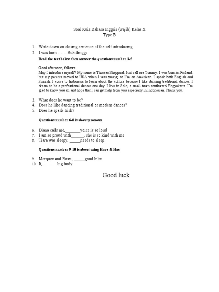 Soal Kuiz Bahasa Inggris Type B | PDF