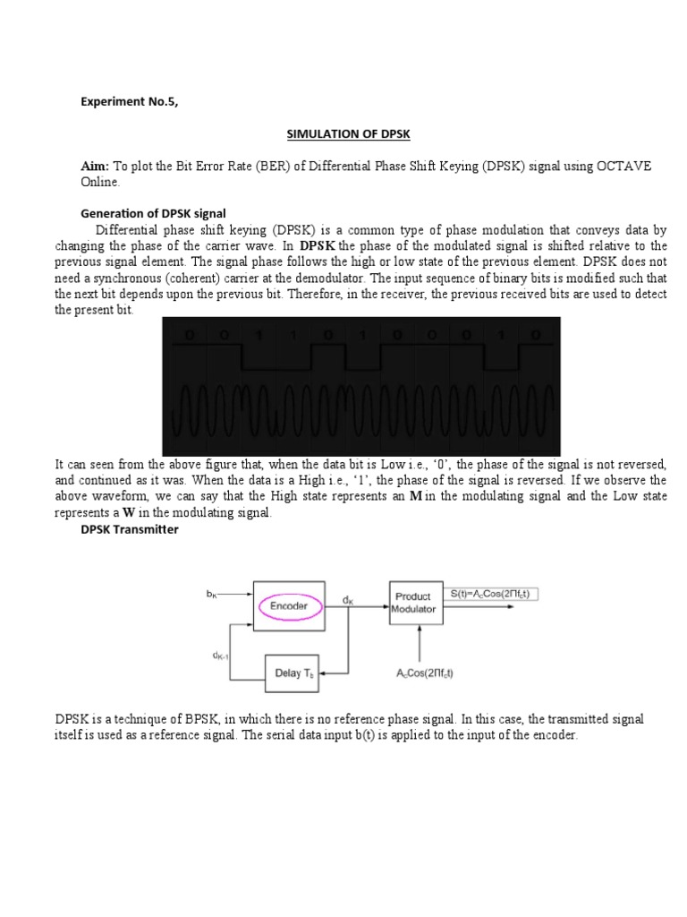 Simulation of Differential Phase Shift Keying (DPSK) to Plot Bit Error Rate (BER) Using OCTAVE ...