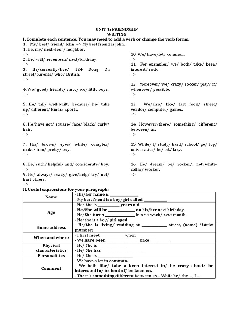 Unit 1 Friendship Writing I Complete Each Sentence You May Need To