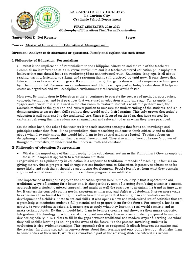 FIRST SEMESTER 2020-2021 (Philosophy of Education) Final Term ...