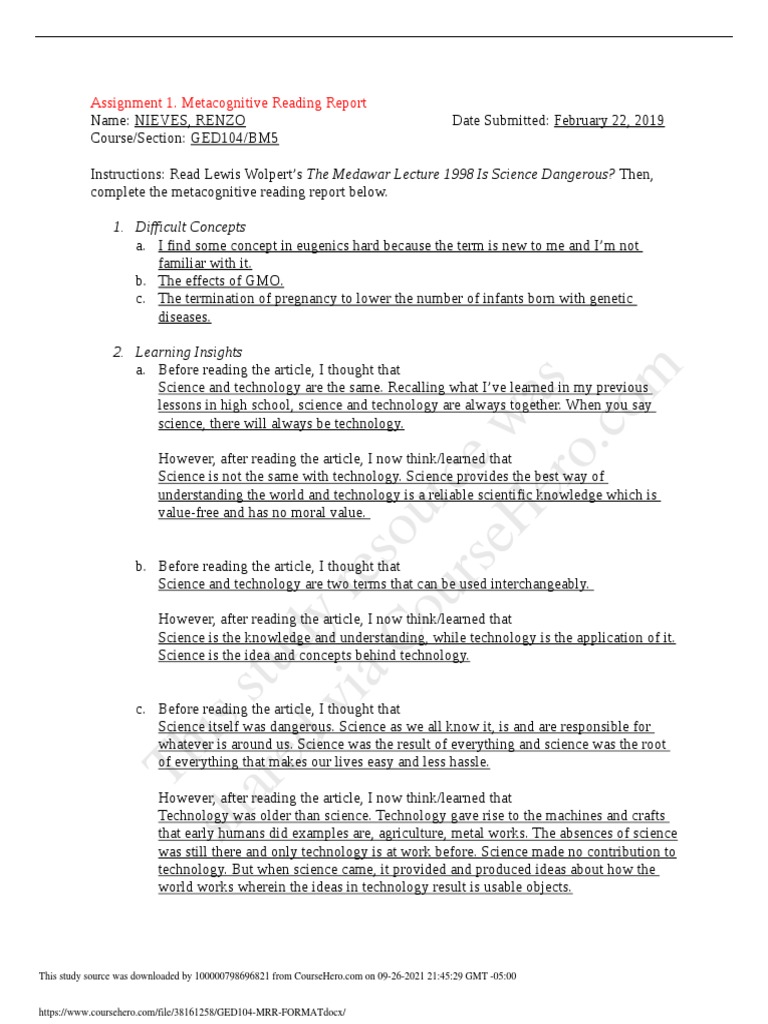 This Study Resource Was: Assignment 1. Metacognitive Reading Report | PDF | Science | Science ...