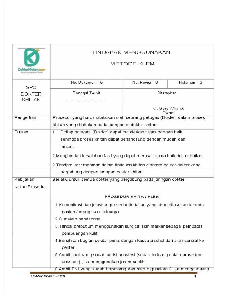 Prosedur Khitan Metode Klem 2019 | PDF