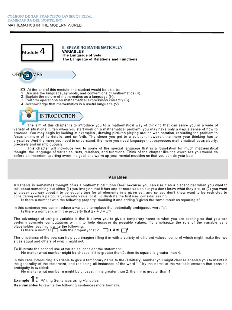 Objectives: Ii. Speaking Mathematically | PDF | Variable (Mathematics ...