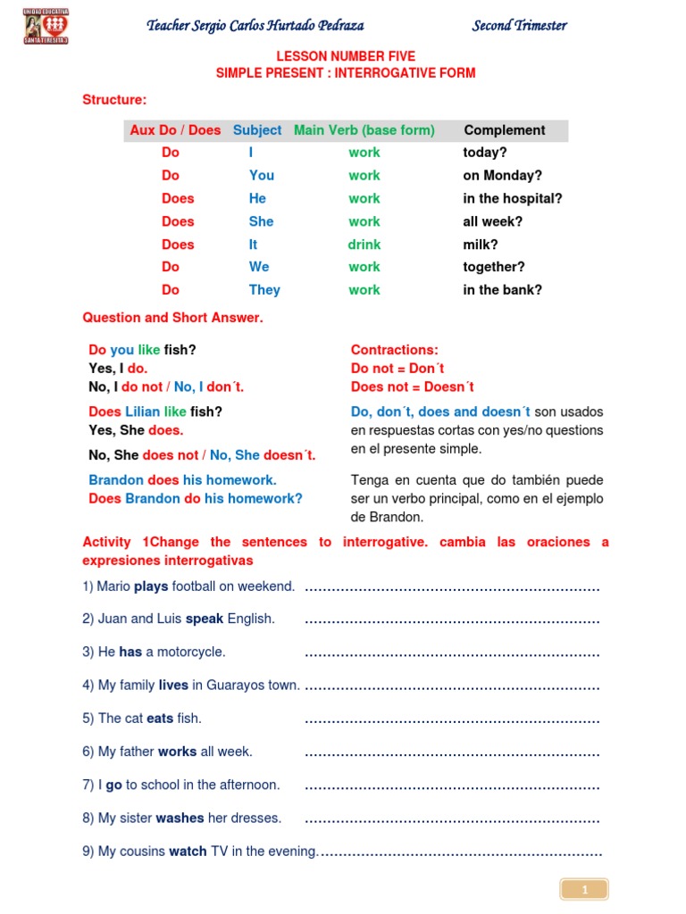 Tarea N°5 Simple Present Interrogative Form | PDF | Cognitive Science | Syntax