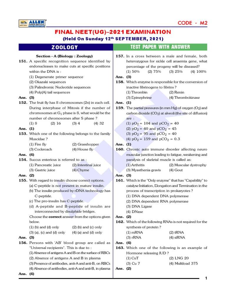 Allen: Final Neet (Ug) - 2021 Examination | PDF | Rna | Biochemistry