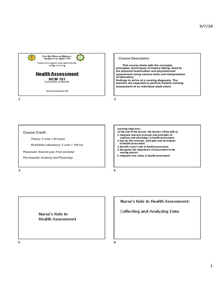 NCM 101 Lecture 1 Intro To Health Assessment | PDF | Nursing | Health Care