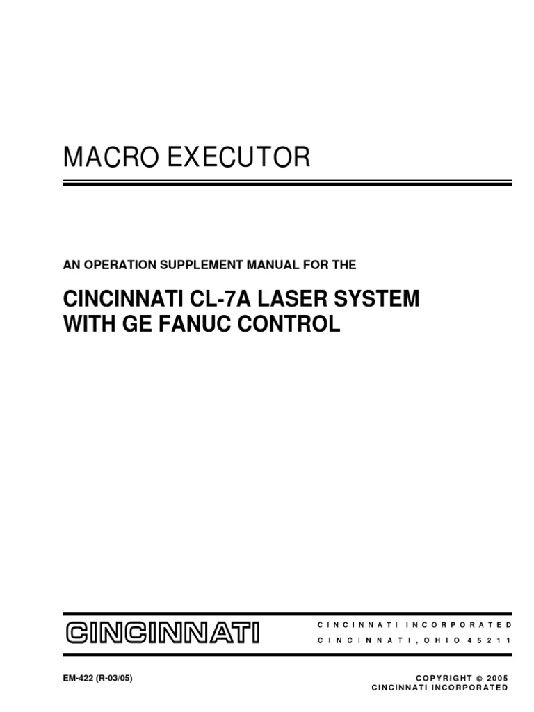 Em 422 R 03 05 Macro Executor An Operation Supplement Manual For The Cincinnati CL 7a Laser ...
