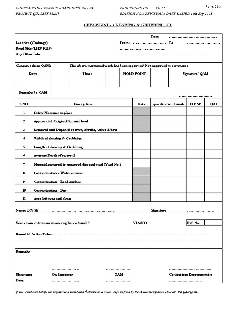 Checklist - Clearing & Grubbing 201 | PDF | Economic Sectors | Civil ...
