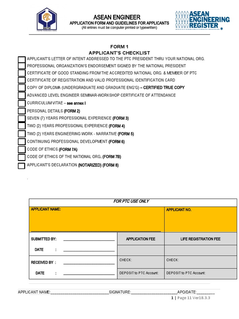 Asean Engineer: Form 1 Applicant'S Checklist | PDF | Employment | Engineer