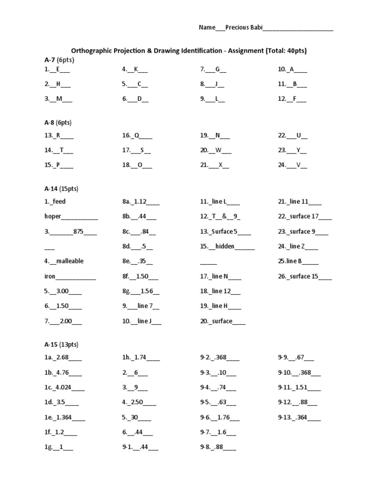 Orthographic Projection & Drawing Identification - Assignment | PDF