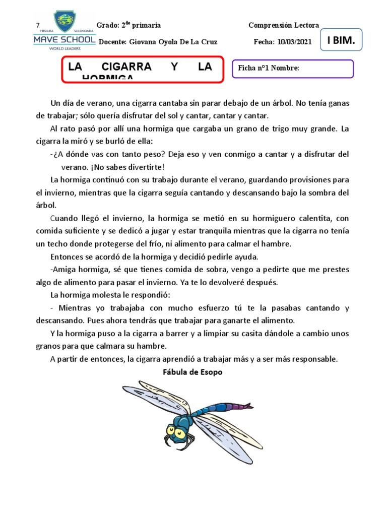 Lectura - La Cigarra y La Hormiga | PDF