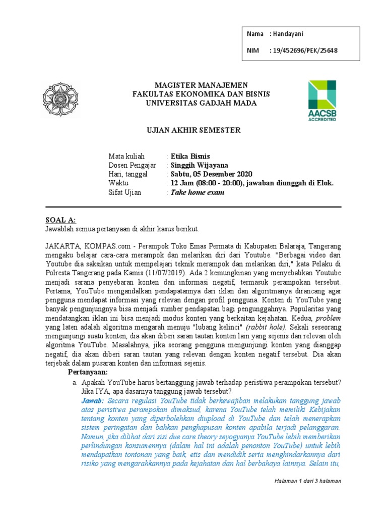 UAS - Handayani - Business Ethics | PDF