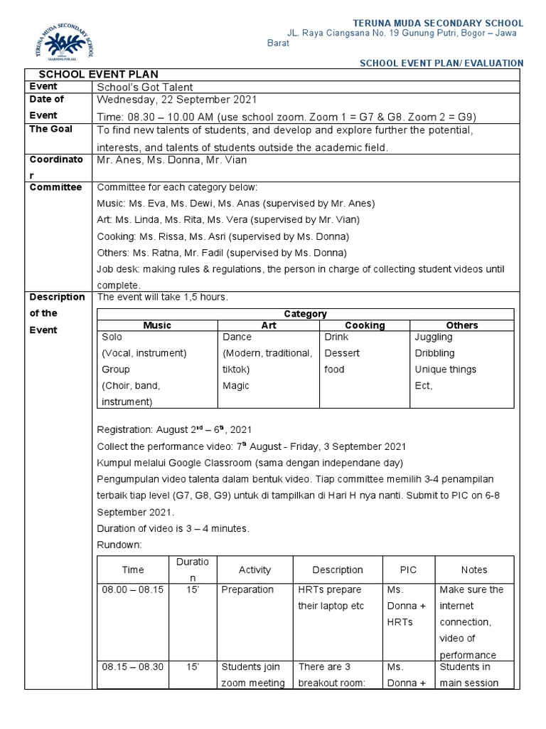 Teruna Muda School's Got Talent Plan | PDF