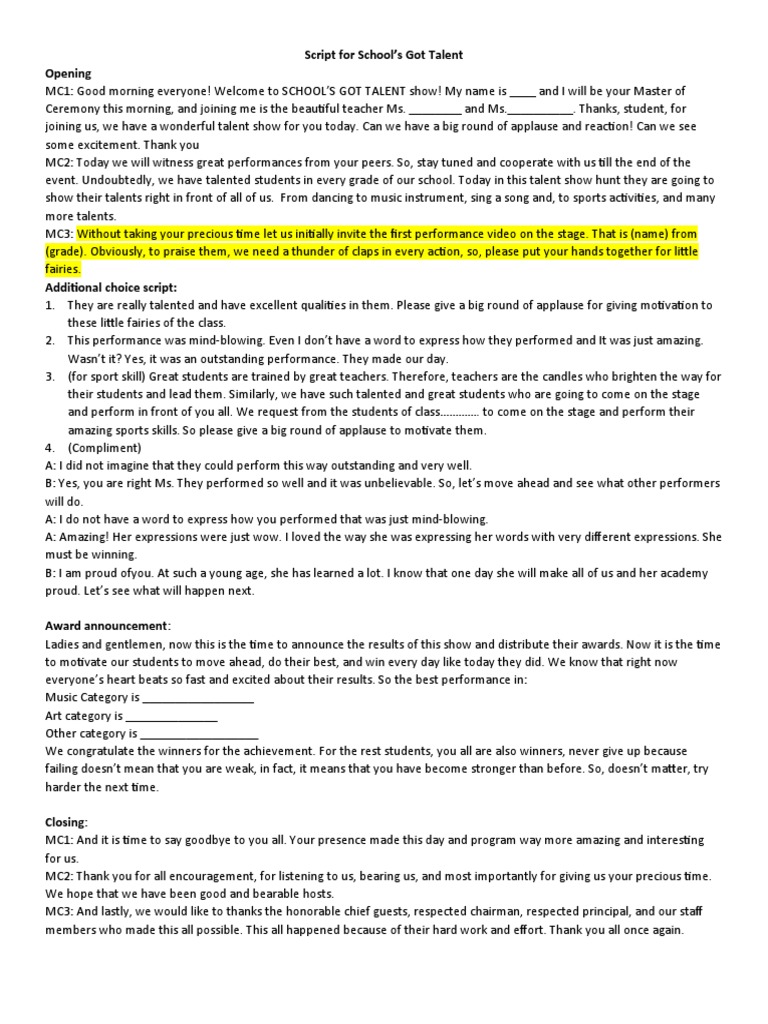 Script For School Got Talent | PDF