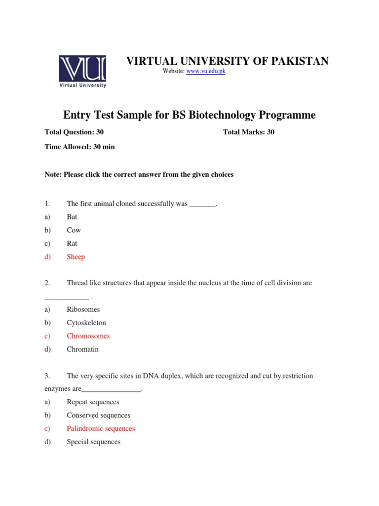 Entry Test Sample For BS Biotechnology | PDF | Dna | Cell (Biology)