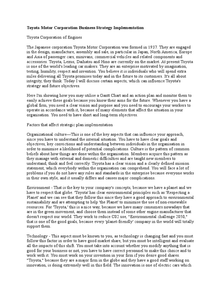 Toyota Motor Corporation Business Strategy Implementation | PDF ...