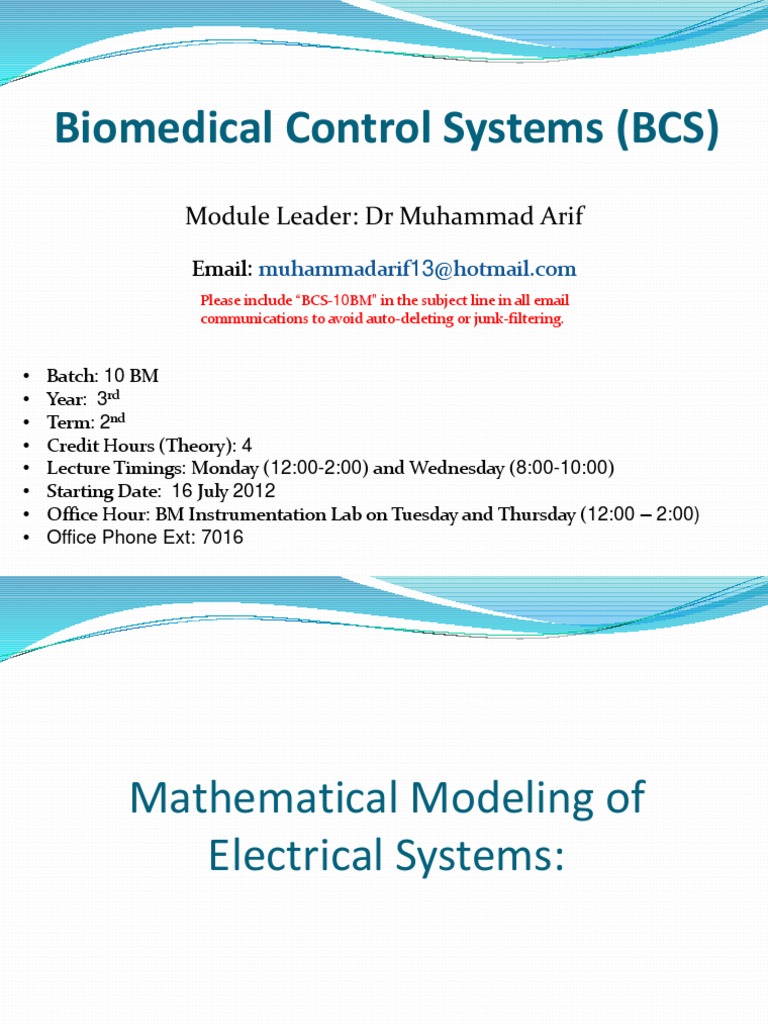 Biomedical Control Systems (BCS) : Module Leader: DR Muhammad Arif ...