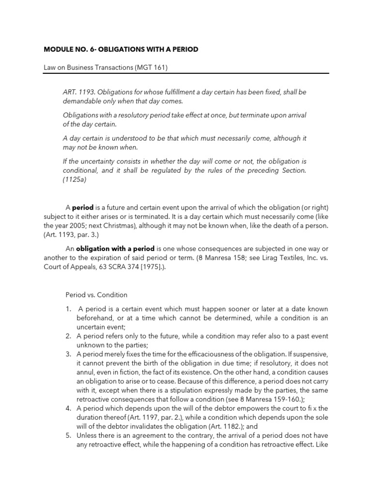 Module 6 Obligations With A Period | PDF | Guarantee | Payments