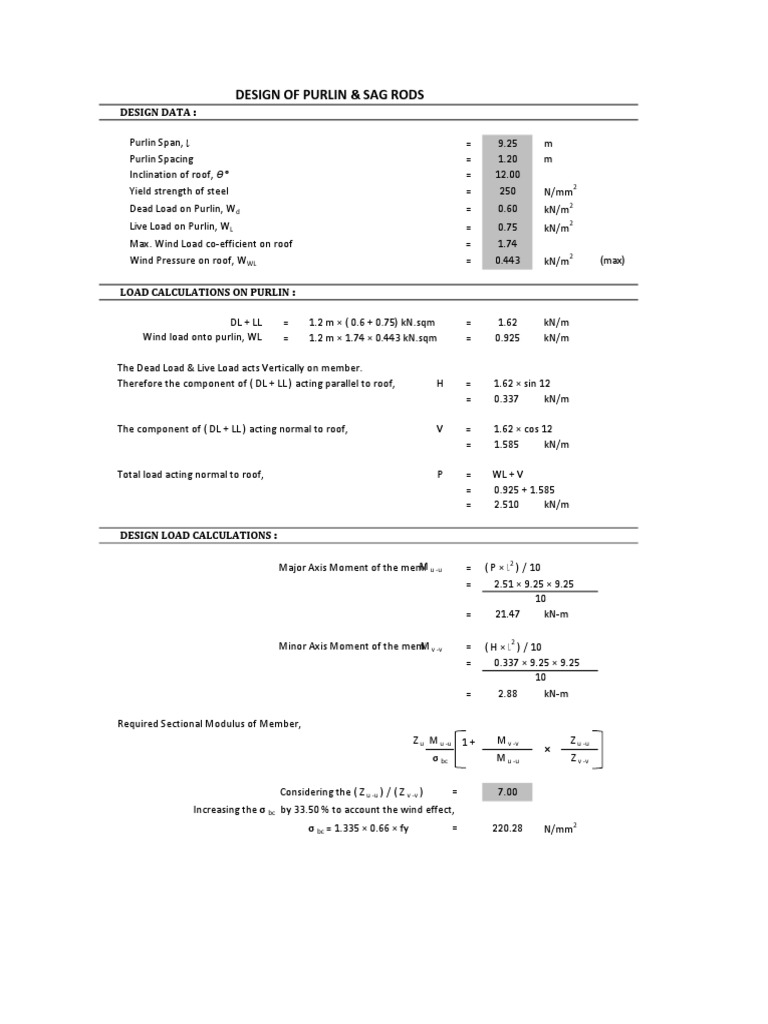 Design of Purlin & Sag Rods As Per Is Code | PDF | Bending | Economic ...