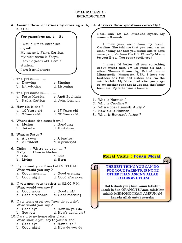 Soal Materi 1 KLS X Introduction | PDF