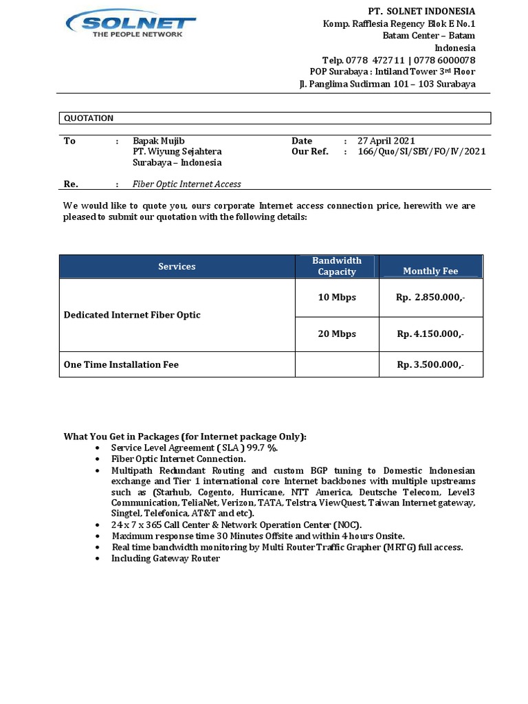 Pt. Solnet Indonesia Offer Dedicated Fiberoptic 2021 - Bapak Mujib Pt ...