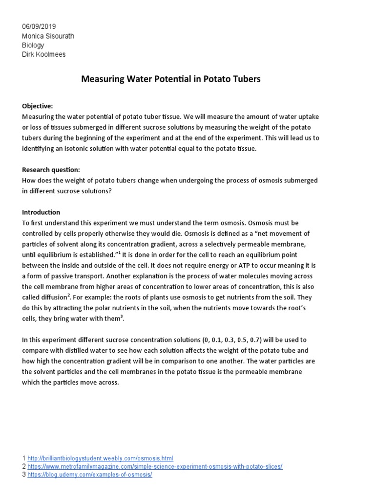 Measuring Water Potential in Potato Tubers LAB | PDF | Osmosis | Cell ...